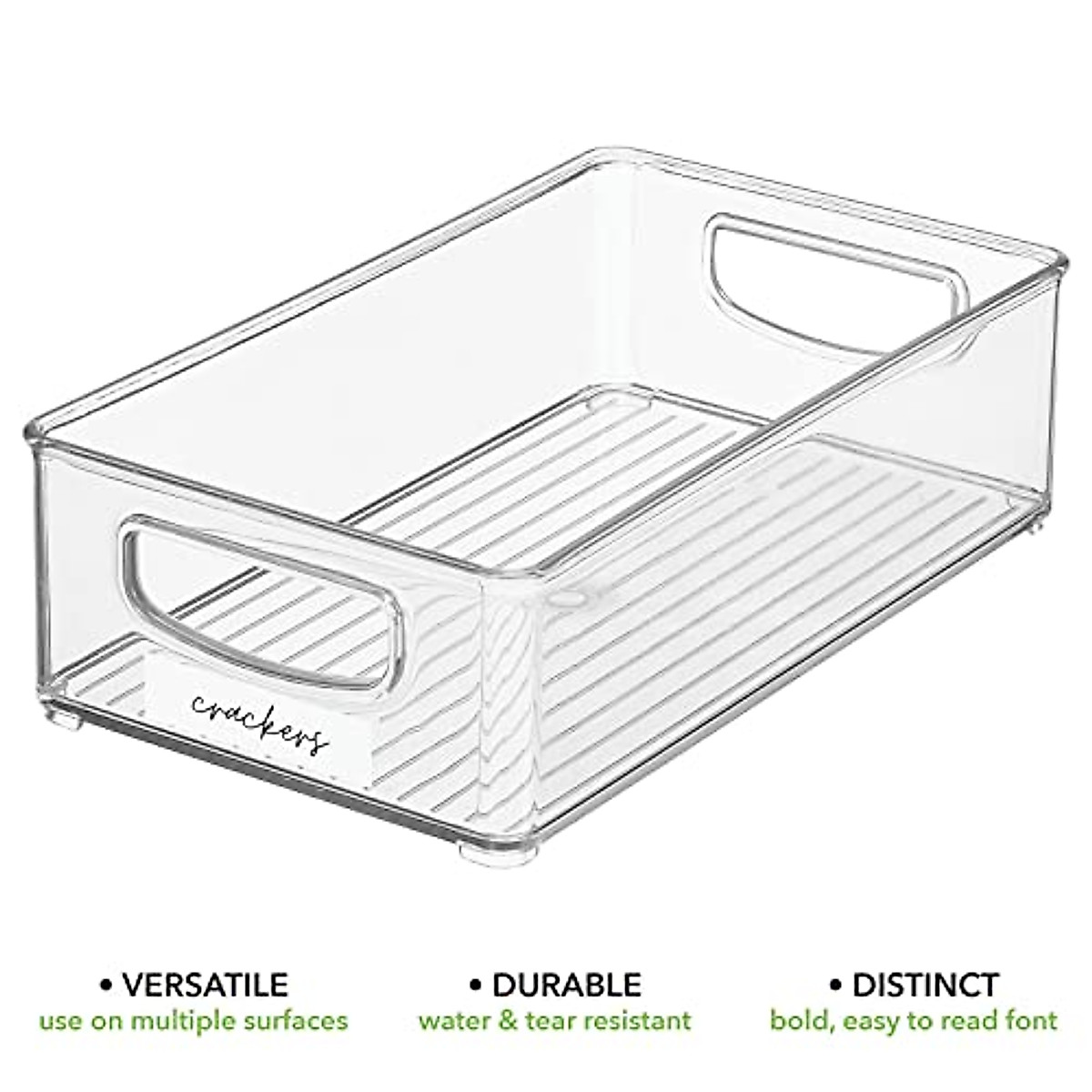 mDesign Plastic Kitchen Bins with Handles and Preprinted Cursive Food Labels Combo Set for Organizing Pantry, Kitchen, Shelves, or Counter, Includes 4 Clear Bins and 120 White Labels with Black Text