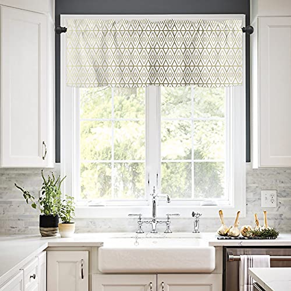 Amaze-Home Curtain Valances for Windows, White Gold Line Window Valances, Geometric Window Treatment Rod Pocket Valance Curtains for Kitchen/Bedroom/Bathroom 42x12 inch, 1 Panel