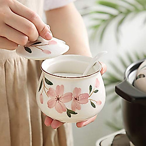 Ceramic Japanese Hand Painted Flower Sugar Bowl Seasoning Jar with Lid Spoon