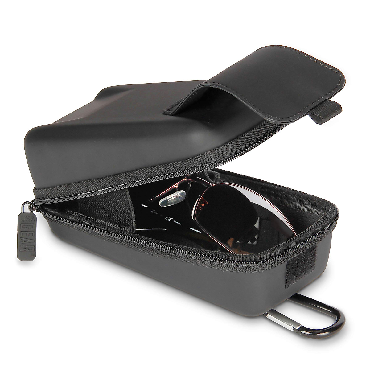 USA Gear Glasses Case Semi Hard Shell - Sunglasses Case/Safety Glasses Case Compatible with Sunglasses, Safety Glasses and More - Rugged Hard Glasses Case with Belt Loop and Carabiner - Black
