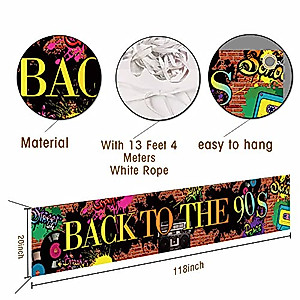 ZDX Back to the 90s Theme Banner Hip Hop Graffiti 90's Party Decor Fabric Wall Table Yard Indoor Outdoor Decorations Supplies With 13 Feet White Rope (9.8X1.6 FT) & Hanging