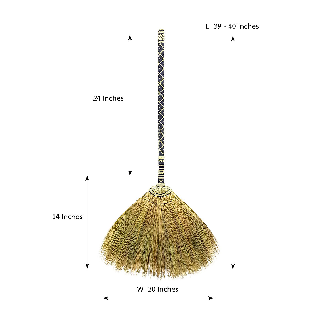 Natural Grass Thai Broom Indoor Outdoor, Vintage Retro Embroidered Woven Nylon,Handmade Broom,Housewarming Gift Witch Broom, Broomstick Bamboo Stick Handle,Kong Grass Broom,Durable Broom(Black)