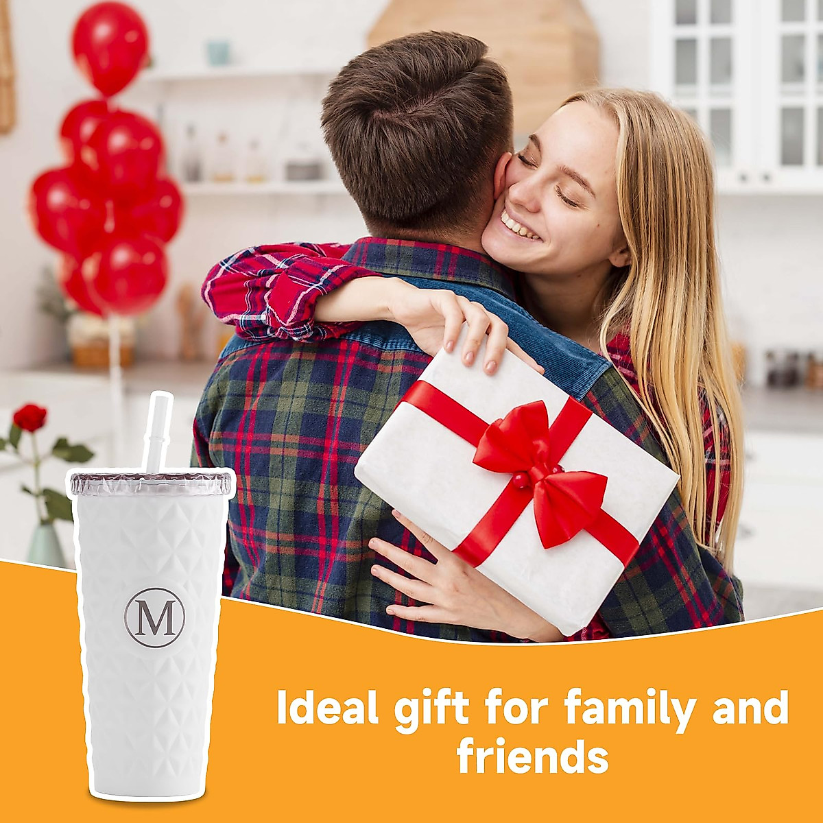 MEFELAY Initial Tumbler with Lid and Straw, 24oz Initial Stainless Steel Insulated Cup, travel coffee mug, Personalized Christmas Birthday Gifts for Women(letter M)