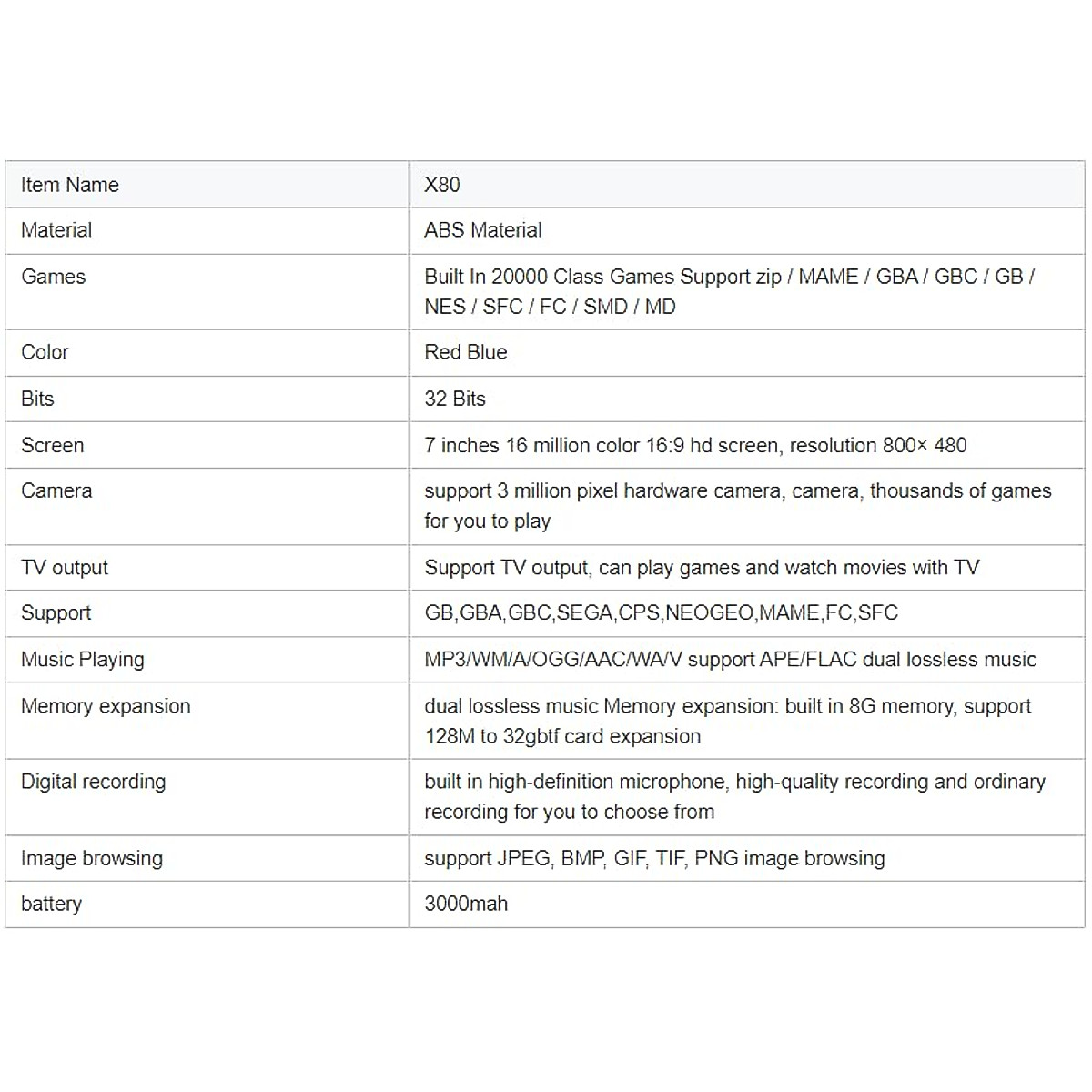 New X80 bluered Handheld Game Console 16gb Build in Many Games 7 inch HD Output Retro Game Cheap Children's Gifts Support TV Playing Games Gameboy Birthday Gift for Kids Adults