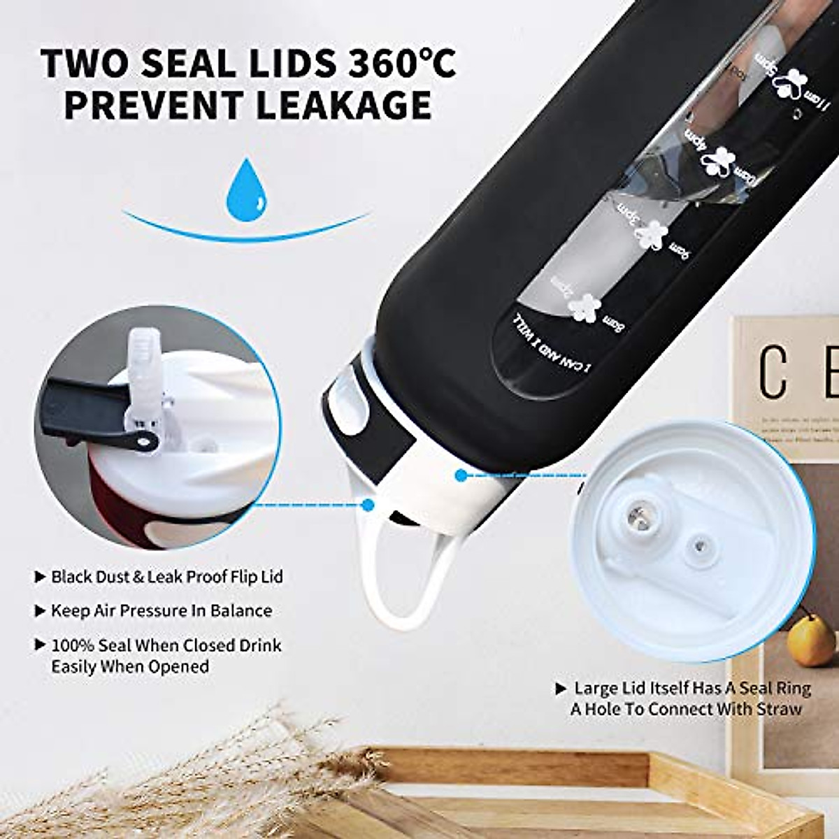 32 Oz Glass Water Bottle with Straw & Silicone Sleeve 100% BPA Free Borosilicate Glass Water Bottle, 1L Wide Mouth Leakproof Lids Motivational Time & Ounce Marker Ensure Track H2o Goal