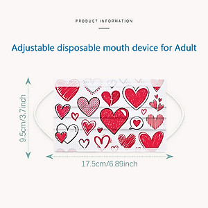 Wtosuhe 50PC Adults Valentines Day Disposable FaceMasks with Pink Black Love Heart Designs, 3-Ply Holiday_ Mask with Nose Wire for Women Men