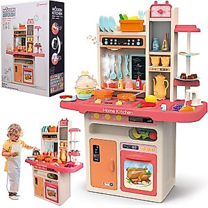 Roxie Play Kitchen Set for Girls, Pink Kitchen with Realistic Lights & Sounds, Play Sink with Runnng Water, Cooking Stove with Steam, 65 PCS Jumbo Kitchen Toys for Kids