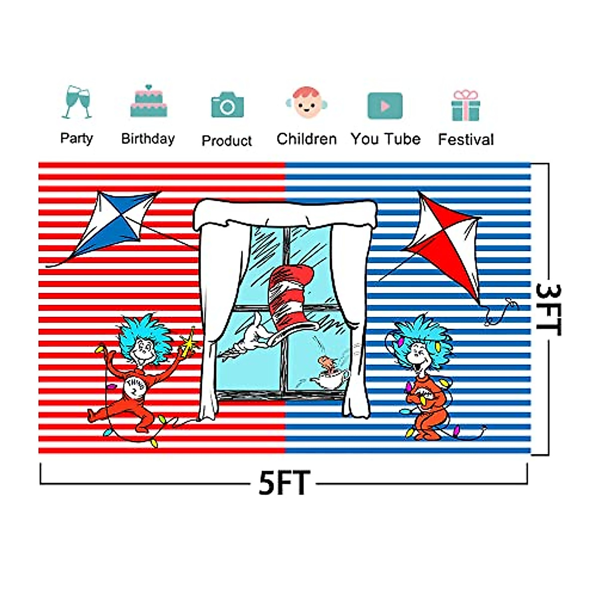 Red and Blue Stripes Backdrop Party Supplies, Dr Seuss Birthday Theme Photo Background, Cat in The Hat Banner for Birthday Party Caketable Decoration, 5x3ft