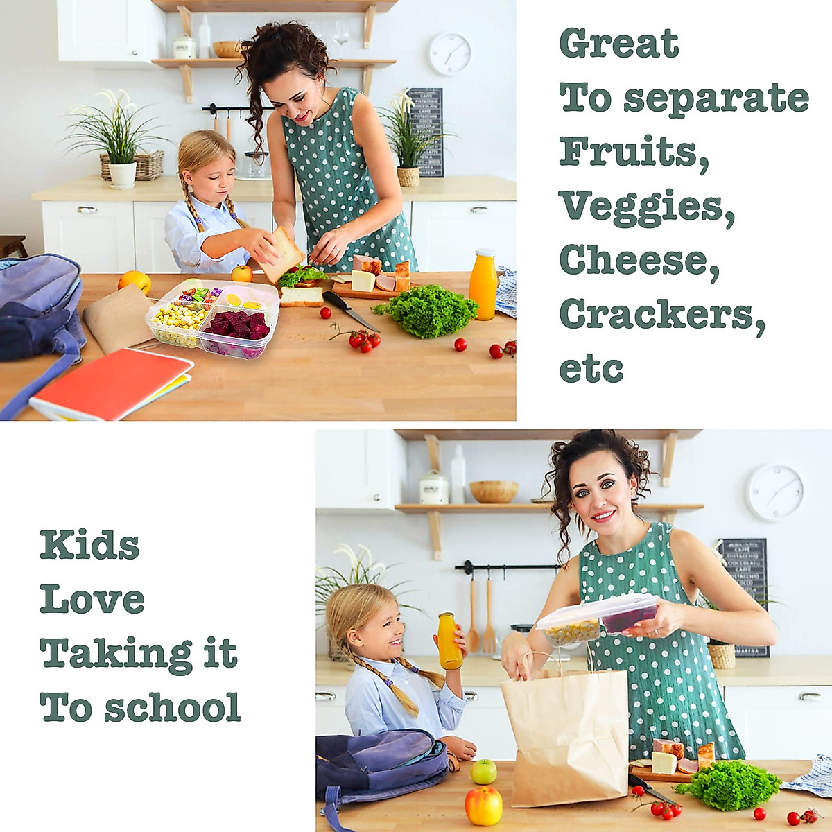 TeTeBak Bento Box - 6-Compartment Reusable Bento Lunch Box for School, Work, and Travel, Food Prep Containers, Snack Containers for Kids, Portion Control Bento Lunch Box for adult, Set of 2, Clear