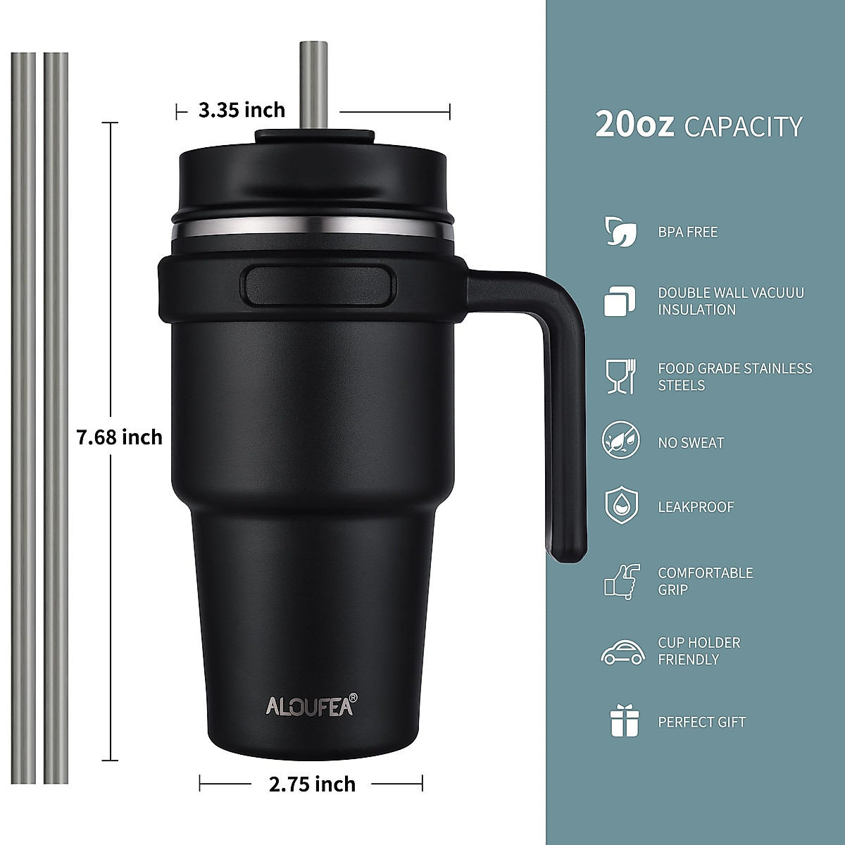 ALOUFEA 20 oz Insulated Coffee Mug Tumbler with Handle, Stainless Steel Travel Mug Tumbler with Lid and Straw,Double Wall Vacuum Leak Proof Ice Coffee Thermal Cup, Black