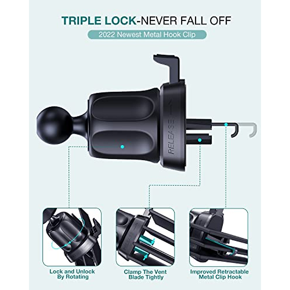 Diaclara Car Phone Holder Mount, [Military Sturdy, Firmly Grip & Never Slip] Universal Car Phone Mount, Metal Hook Clip Car Vent Phone Mount Compatible with All iPhone Samsung Android Smartphone