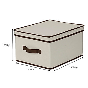 Household Essentials 513 Storage Box with Lid and Handle - Natural Beige Canvas with Brown Trim - Large