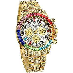 Gosasa Luxury Bling-ed Out Colorful Dial Full Diamond Hip Hop Rocks Watches Fashion Quartz Analog Stainless Steel Bracelet Wrist Watch (Gold)