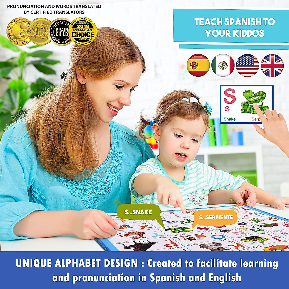 Bilingual Alphabet Learning Toys for Toddlers 2-4 Years and Older, Interactive Electronic Poster That are Essential Homeschool Supplies in English & Spanish: Juguetes para Niñas y Niños