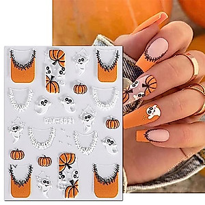 JMEOWIO 3D Embossed Halloween Nail Art Stickers Decals Self-Adhesive Pegatinas Uñas 5D Cute Pumpkin Ghost Flower Spook Nail Supplies Nail Art Design Decoration Accessories 4 Sheets