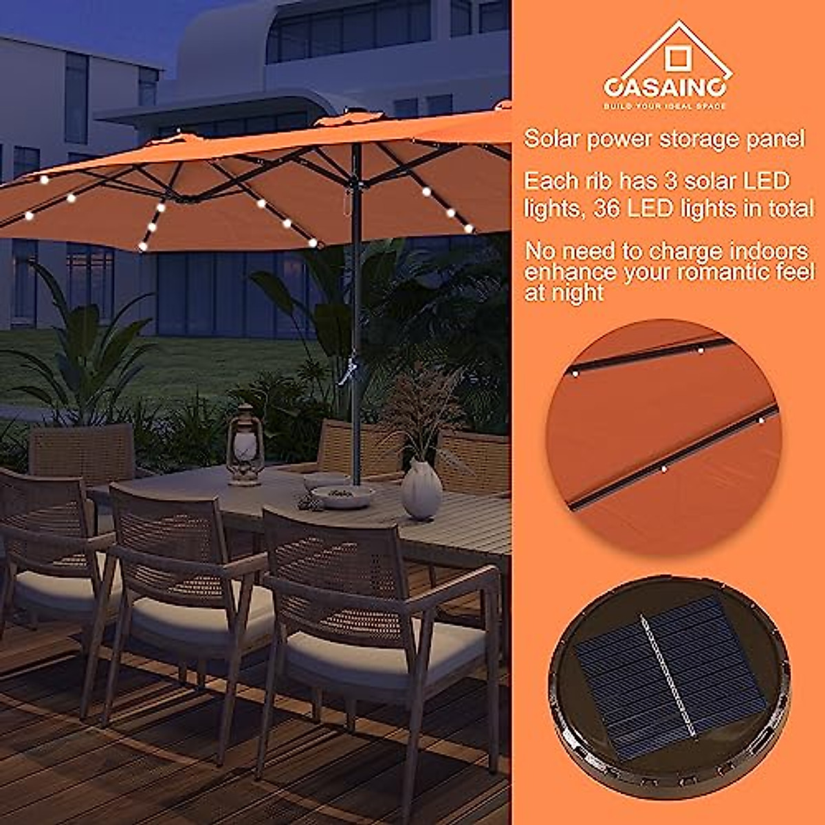 CASAINC 15 FT Solar LED Patio Umbrella with Base Double-Sided Extra Large Outdoor Umbrella Market Rectangular Twin Umbrella w/Crank for Garden Deck Lawn Pool Backyard-Orange (with Lights)