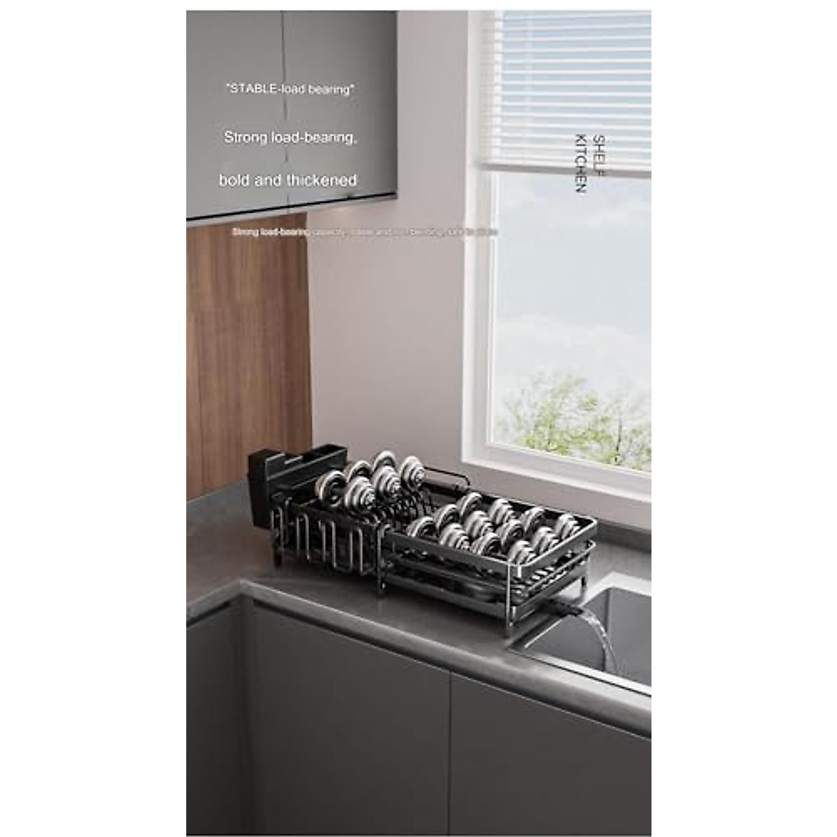 Taqargzy Dish Drying Rack Large Dish Drying Rack with Drainboard Set, Extendable Dish Rack, Utensil Holder, Cup Holder, Expandable Dish Drainer for Kitchen CounterCup Holder,(Black1)