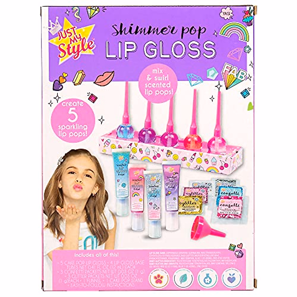 Just My Style Shimmer Pop Lip Gloss, Create 5 Lollipop-Shaped Lip Glosses, Includes Funnel, Empty Lip Gloss Containers, Sweet Lip Gloss Base, Body Glitter & More, DIY Lip Gloss, Multi (208316J)
