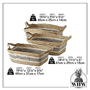 Coastal Grey Stripes 3 Piece Basket Set, Rectangular, Shelf Organizers, Corn Husk Wicker, Durable Chunky Rope Weave, 15.75, 18.5, and 19.25 Inches