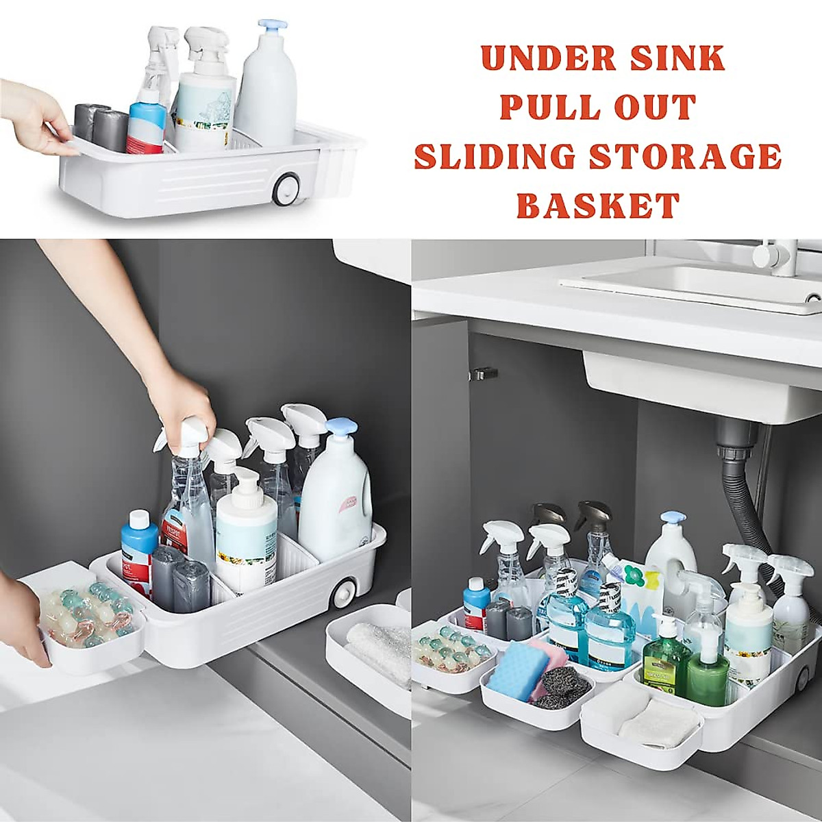 Undersink Pull Out Sliding Storage Basket, Car Shape Wheeled Cabinet Drawer Organizer for Kitchen Bathroom Sink Caddy, with Adjustable & Detachable Dividers and Side Drainer Basket, 8'' Wide Grey