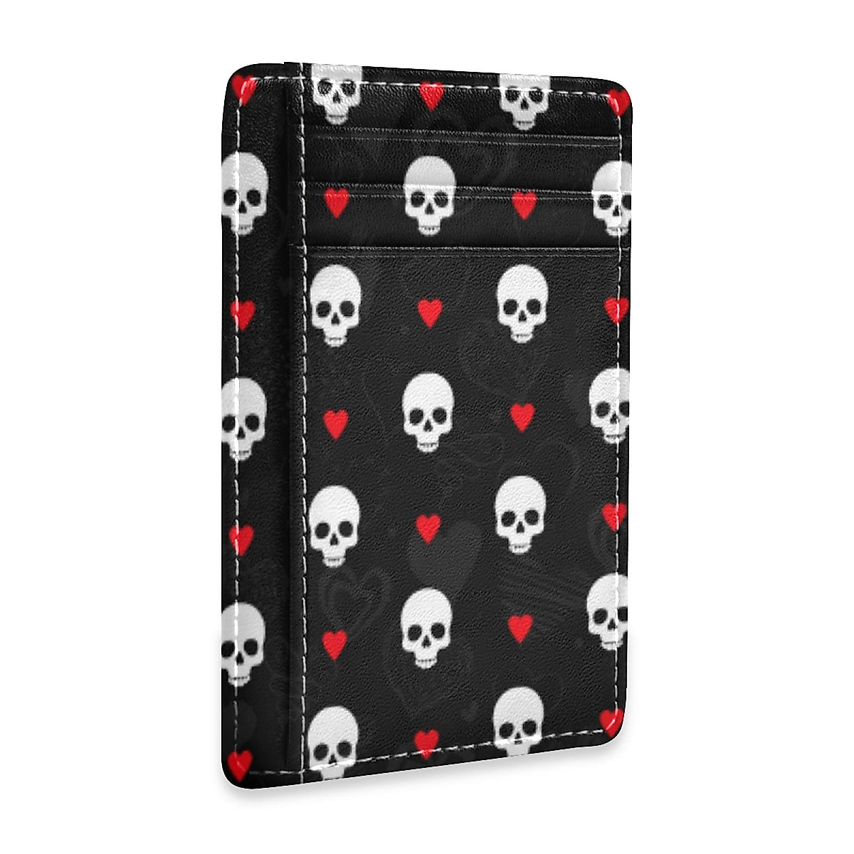 Linomo Thin leather Card Holder and Money Clip Sugar Skull Love Heart Pattern Wallet RFID Blocking for Men & Women