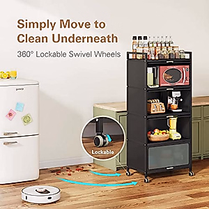 Anycoo 5 Tier Kitchen Bakers Rack with Cabinet, Free Standing Microwave Stand with Storage, Heavy Duty Kitchen Shelf with Wheels, Microwave Cart with Flip Door (27.5’’ L x 15.7’’ W x 62’’ H)