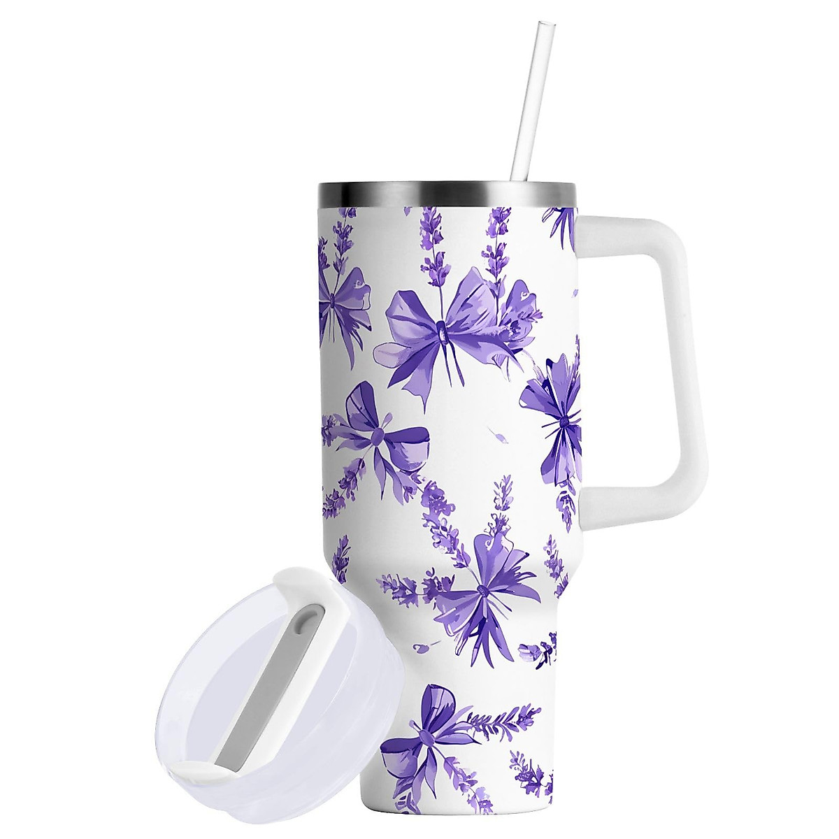 FENOCHE Lavender Flower Bow Tie 40 oz Tumbler Insulated Cups Stainless Steel Water Bottle with Handle Lid and Straw Tumblers for Car Cup Holder