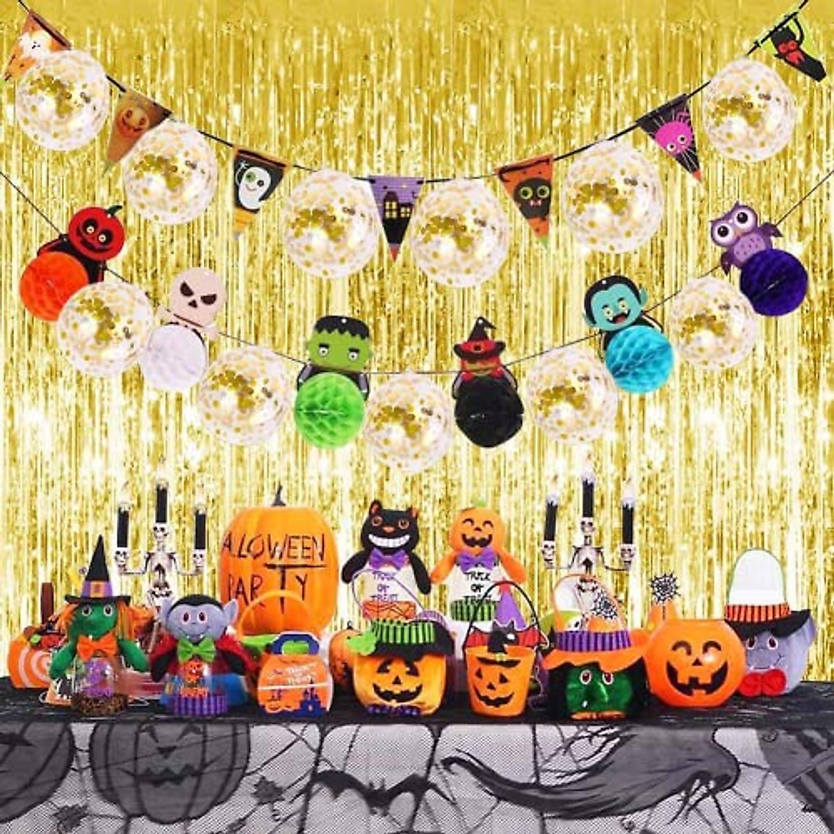 Sharlity 4PCS 3' X 8' Black and Gold Metallic Tinsel Foil Fringe Curtain Backdrop for 2023 New Years Eve, Halloween Party Decoration