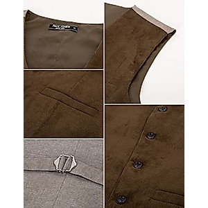 PJ PAUL JONES Mens 1940s Button Down Vests Solid Retro Slim Fit Waistcoat Brown L