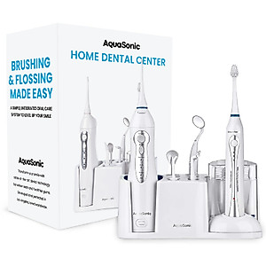 AquaSonic Home Dental Center Rechargeable Power Toothbrush & Smart Water Flosser - Complete Family Oral Care System - 10 Attachments and Tips Included - Various Modes & Timers (White)