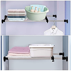 BAOYOUNI Expandable Shelf Closet Tension Rod Adjustable Shelving Unit Storage Rack Organizer Hanger Space Saving Divider for Wardrobe, Cupboard, Kitchen, Bathroom Use, Black