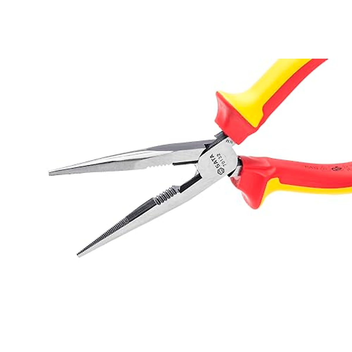 SATA 8-Inch VDE Insulated Long Needle-Nose Side Cutting Pliers with Chrome Vanadium Steel Body and Dual Material Anti-Slip Handles - ST70132ST