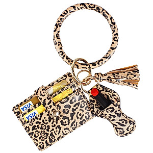 BIHRTC Wristlet Bracelet Keychain Card Holder Key Bangle PU Leather Wristlet Keyring Bracelets Tassel Keychain Round Key Ring with Charpstick Holder for Girls Leopard