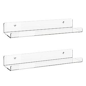 Acrylic Floating Shelves, 2 Pack of 15 inches Invisible Acrylic Floating Wall Ledge Shelf, Wall Mounted Nursery Kids Bookshelf, Spice Rack, Bathroom Storage Shelves for Cosmetics, Photos, Books, Spice