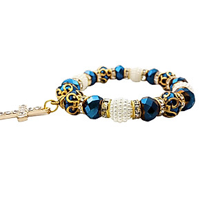 Nazareth Store Catholic Crystallized Cross Deep Blue Crystal Beads Wrist Rosary Bracelet Adjustable Elastic Bangle
