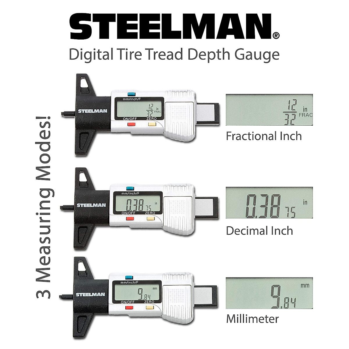 Steelman Digital Tire Tread Depth Gauge, 3 Modes - Fractional Inch, Decimal Inch, and Millimeter, Zeroable