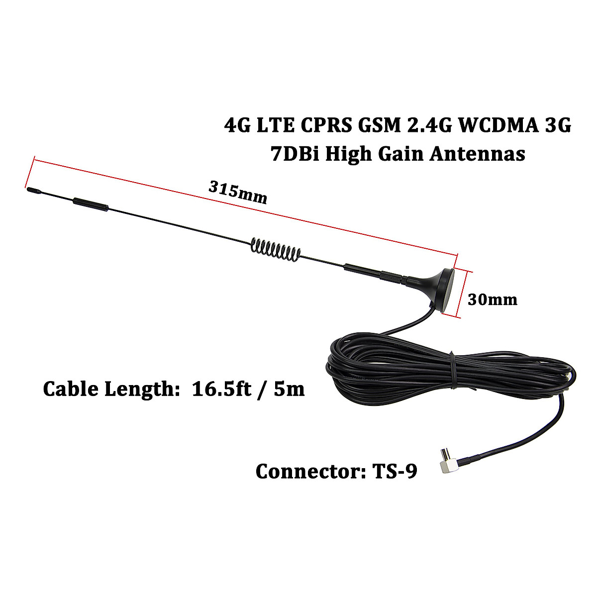 TS9 Connector Antenna 7DBi High Gain 4G LTE CPRS GSM 3G 2.4G WCDMA Omni Directional Antenna with Magnetic Stand Base 5m RG174 Extension Cable for WiFi Router Mobile Broadband Outdoor Signal Booster