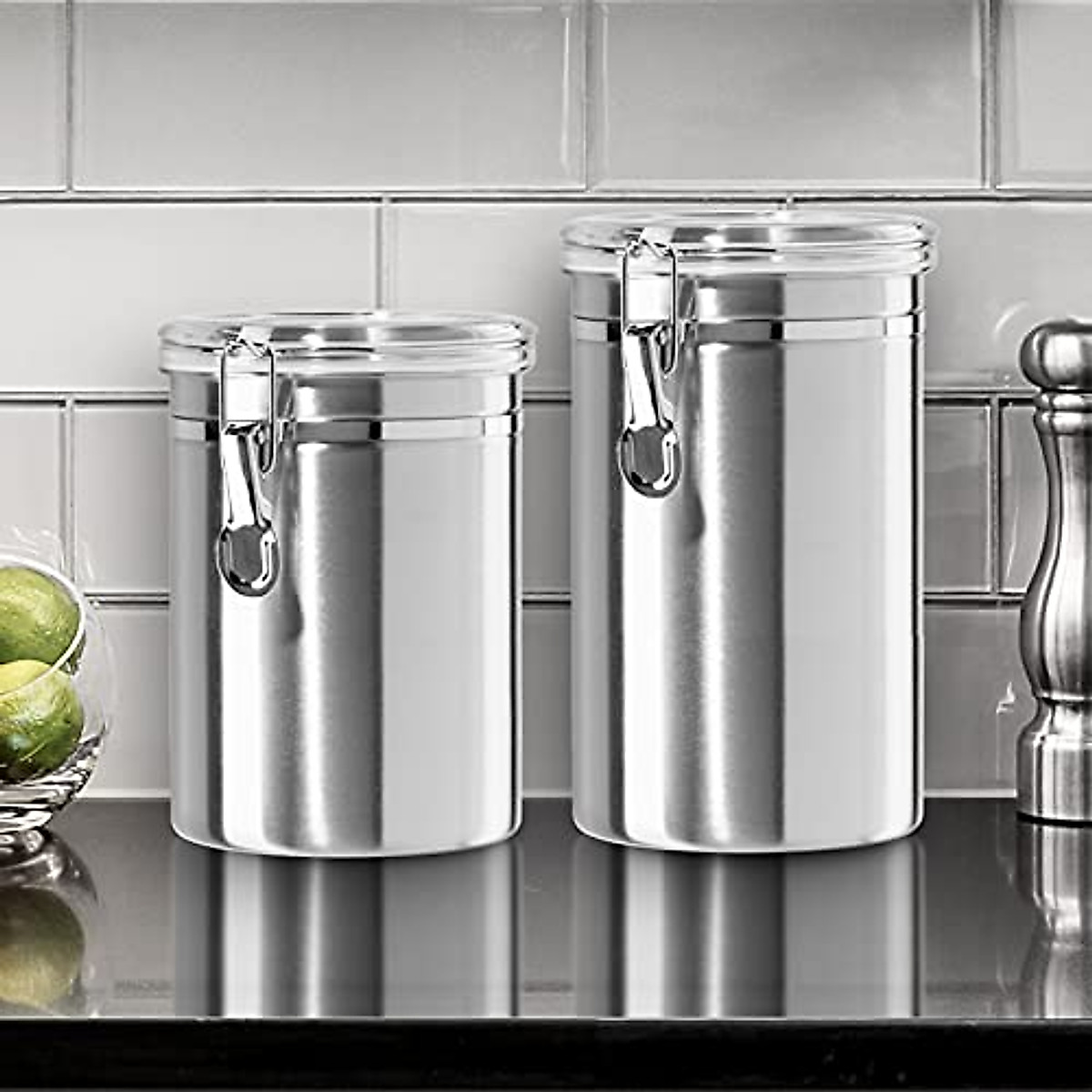 Oggi Stainless Steel Kitchen Canister 62 fl oz - Airtight Clamp Lid, Clear See-Thru Top - Ideal for Kitchen Storage, Food Storage, Pantry Storage. Large Size 5" x 7.5".