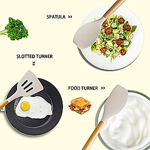 MIBOTE 17 Pcs Silicone Cooking Kitchen Utensils Set with Holder, Wooden Handles BPA Free Non Toxic Silicone Turner Tongs Spatula Spoon Kitchen Gadgets Utensil Set for Nonstick Cookware (Khaki)