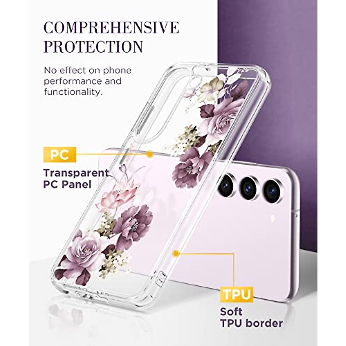 GVIEWIN Compatible with Samsung Galaxy S23 Plus Case with Screen Protector+Camera Lens Protector, Slim Shockproof Clear Floral Pattern Phone Protective Cover for Women 6.6" (Cherry Blossoms/Purple)