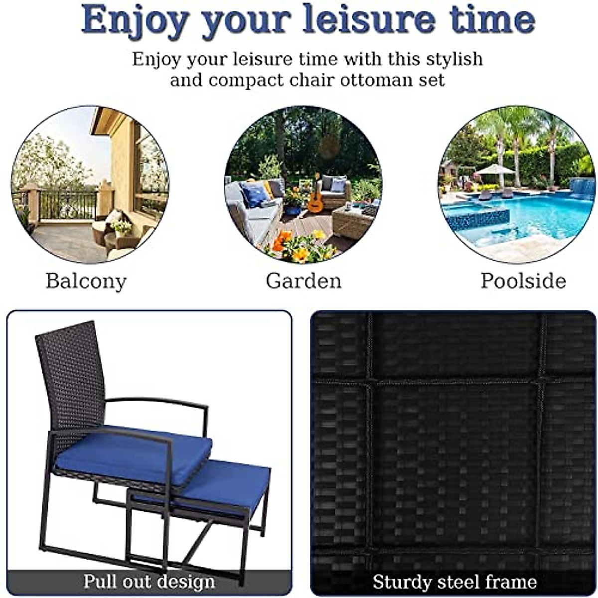 kinbor 5 Pieces Wicker Patio Furniture Set - PE Rattan Outdoor Patio Chairs with Ottomans Conversation Sets with Glass Coffee Table and Cushions for Poolside, Garden, Balcony, Porch (Dark Blue)