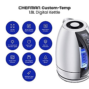 Chefman Electric Tea Kettle, 1.7 Liter Hot Water Electric Kettle Temperature Control Water Boiler with 5 Presets, Tri-Colored LED Lights, Keep Warm, Automatic Shutoff, Stainless