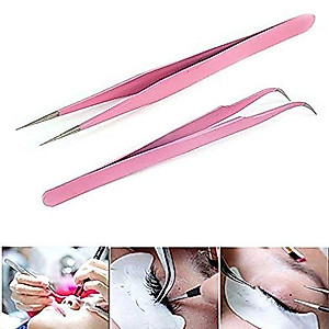 Onwon 2 Pcs Pink Stainless Steel Tweezers for Eyelash Extensions, Straight and Curved Tip Tweezers Nippers, False Lash Application Tools