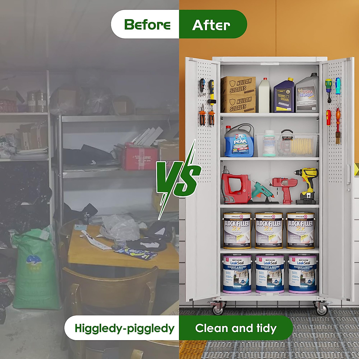 Aobabo Upgraded White Metal Storage Cabinet with Pegboard, 72In Rolling, Lockable Cabinet with 2 Doors & 4 Shelves for Office & Home， Assembly Required