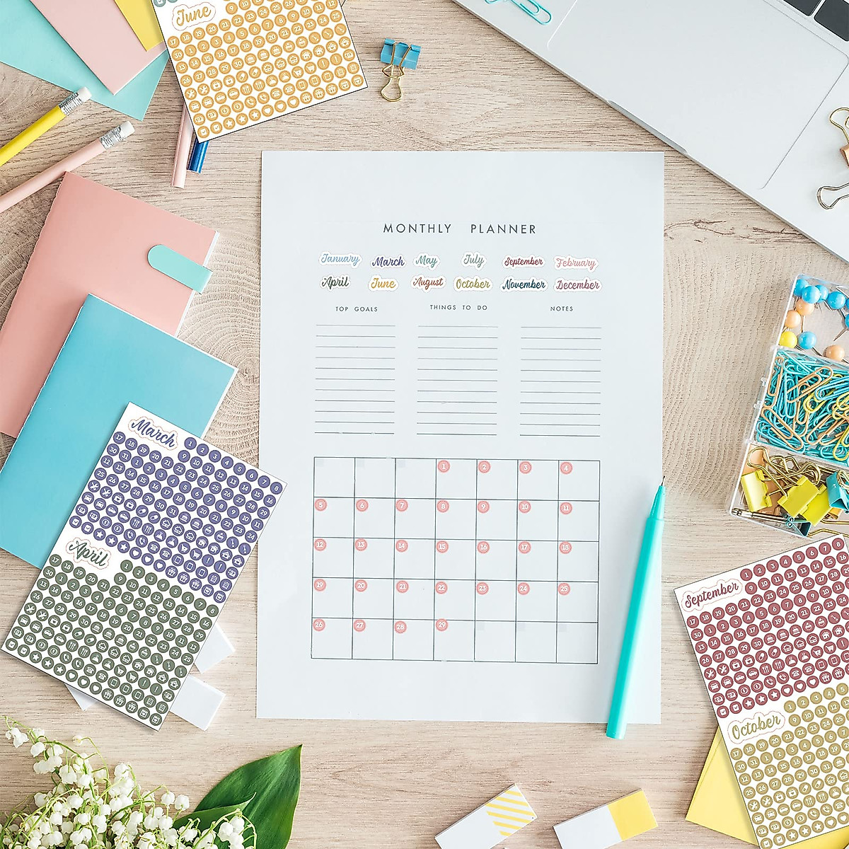 18 Sheets Daily Calendar Stickers Aesthetic Monthly Planner Stickers with Elbow Tweezer Colorful Round Date Stickers for Planners Number Date Dots for Work Daily to Do Budget Family Journal