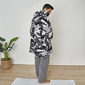 Dreamscene Camo Oversized Blanket Hoodie Wearable Sherpa Fleece Sweatshirt, Soft Plush Warm Comfy Blanket Hoodie, Giant Jacket for Men, Thick Flannel Blanket with Sleeves - Charcoal Grey