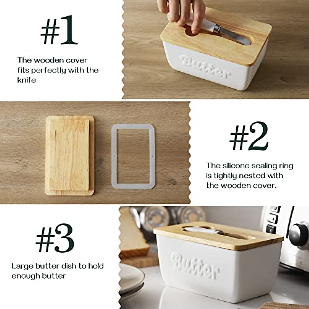 DOWAN Large Butter Dish, Butter Dish with Lid and Knife for Countertop or Fridge, Ceramic Butter Keeper Holds up to 4 Sticks, Airtight Butter Container, Farmhouse Kitchen Decor and Accessories, White