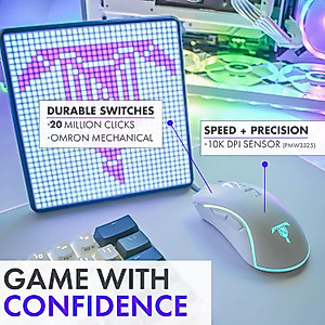 Tilted Nation White Gaming Mouse Wired, LED RGB Mouse for PC Gamers w/Lightweight Paracord Cable USB, 7 Programmable Buttons, Ergonomic Side Grips, 10K DPI, Mechanical Switches - White Mouse