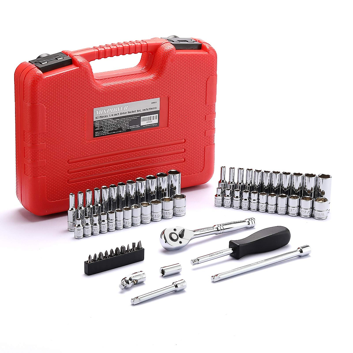 MIXPOWER 62-Piece 1/4-Inch Dr. Master Socket Set with Ratchets,Universal Joint, Extensions with 1/4'' Dr. Bits Set, SAE/Metric 6-Point 5/32-Inch - 9/16-Inch, 4 mm - 14 mm, CR-V Socket