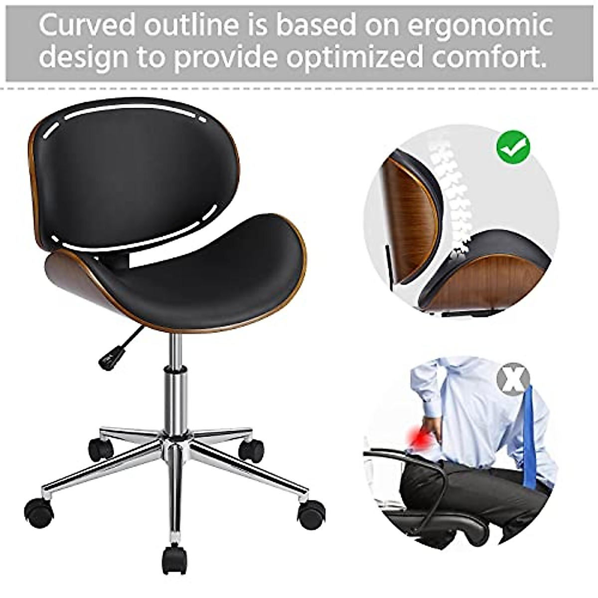 Yaheetech Ergonomic Home Office Desk Chair Modern Mid-Century Bentwood/Curved Seat Computer Chair Walnut Wood Chrome Finish Stool with 360° Swivel Wheels Faux Leather Seat Height Adjustable, Black